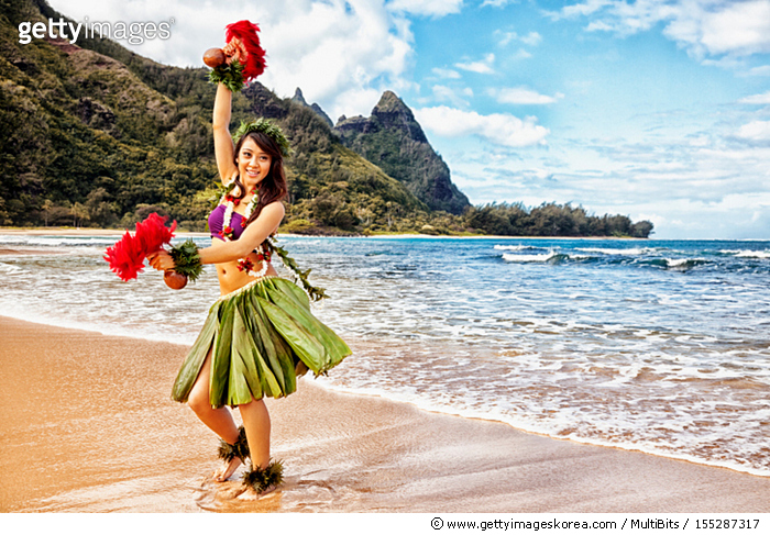 155287317 | 게티이미지코리아 | Hawaiian Hula Dancer on Beach with Red Feather ...